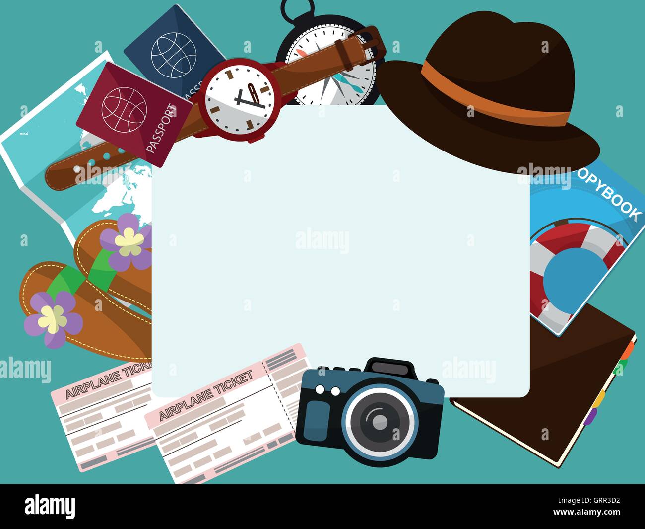 Frame with a hat, tickets, passports and other items for the tourist on ...