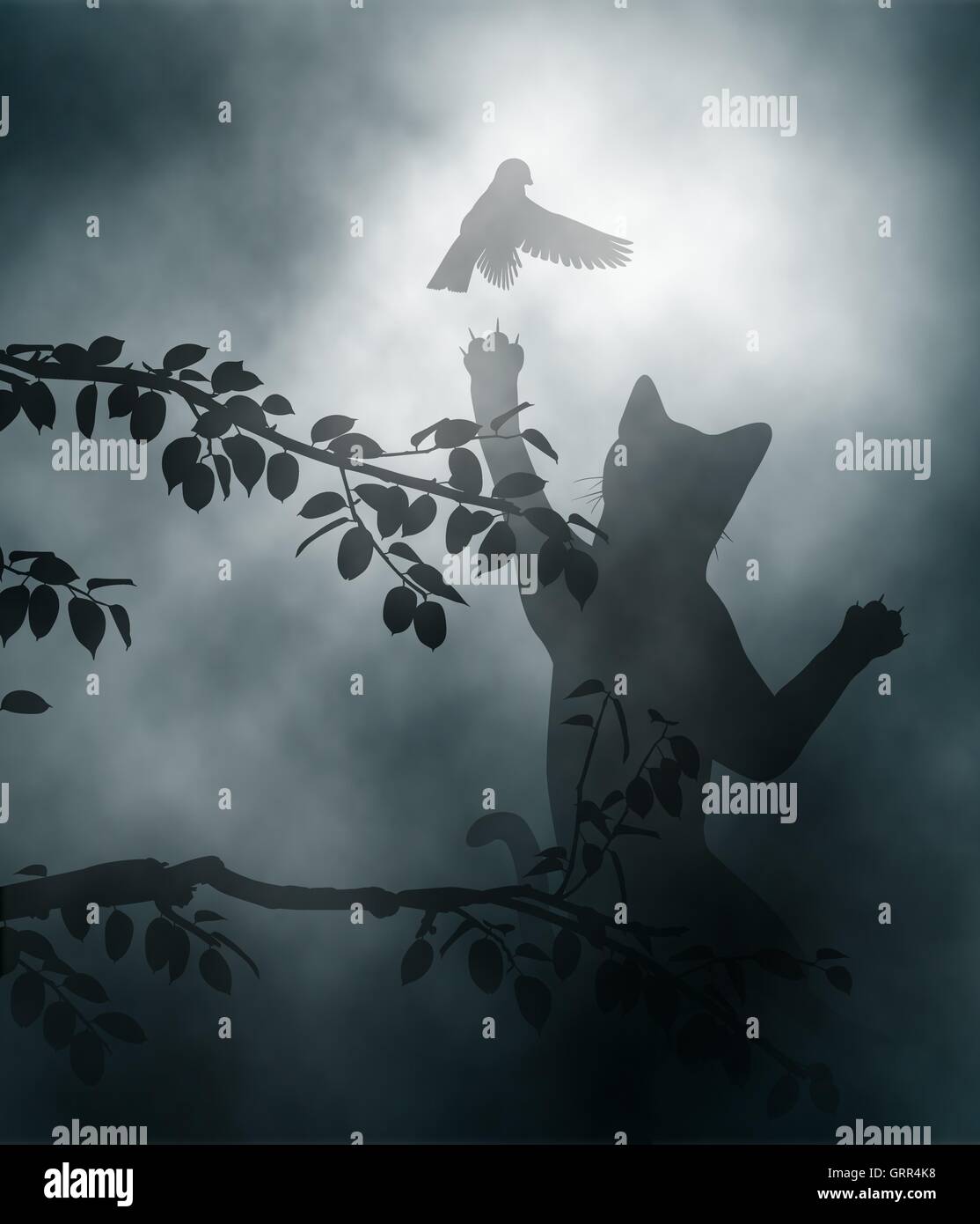 Editable vector illustration of a cat leaping to catch a small garden ...