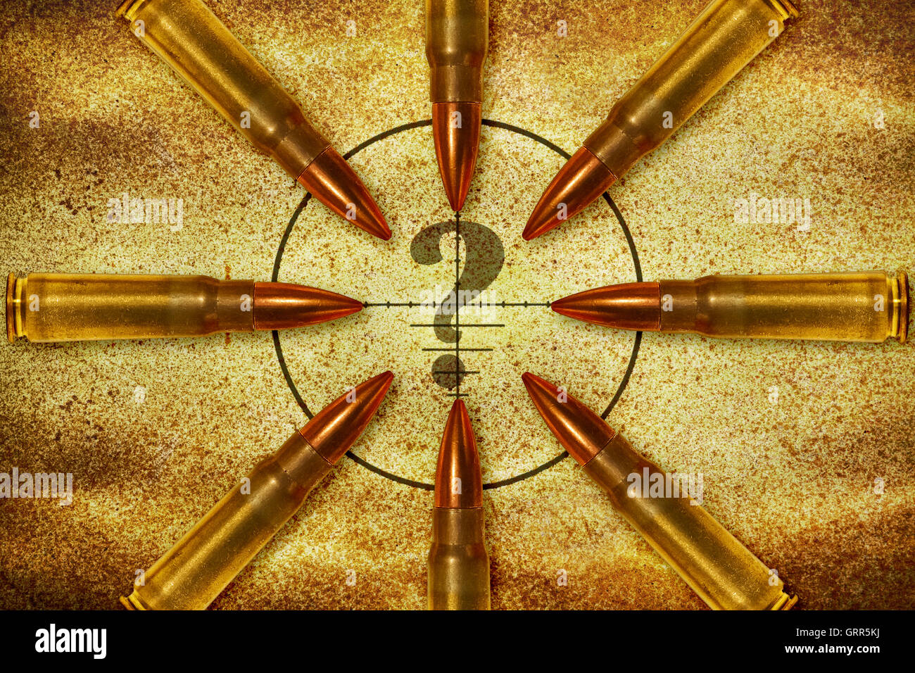 Eight bullets aiming in a question mark from different direction Stock ...