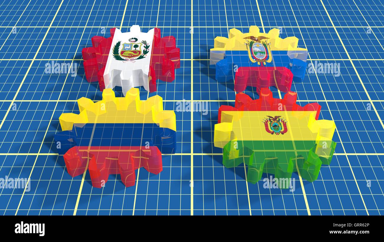 Andean Community association of four economies members flags on gears ...