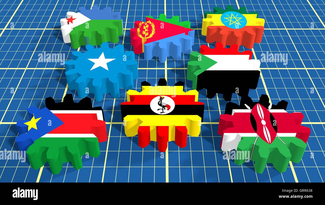 Intergovernmental Authority Development members national flags on gears ...