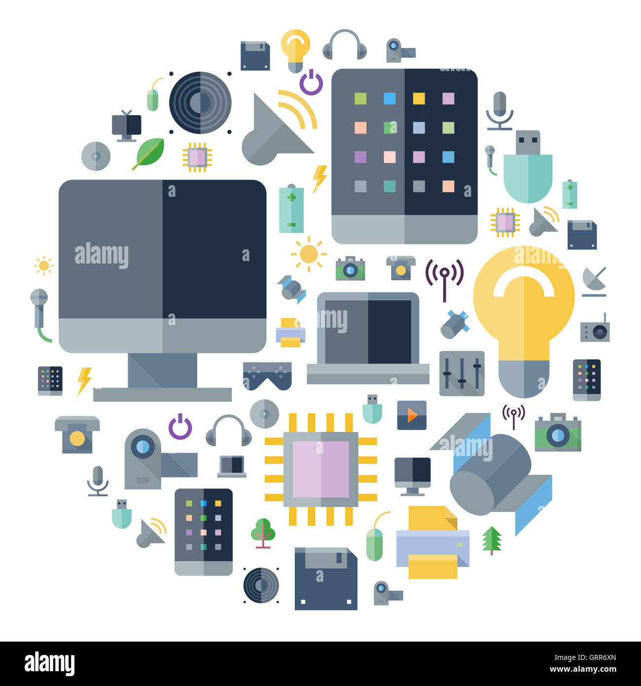 Icons for technology and electronic devices arranged in circle Stock ...