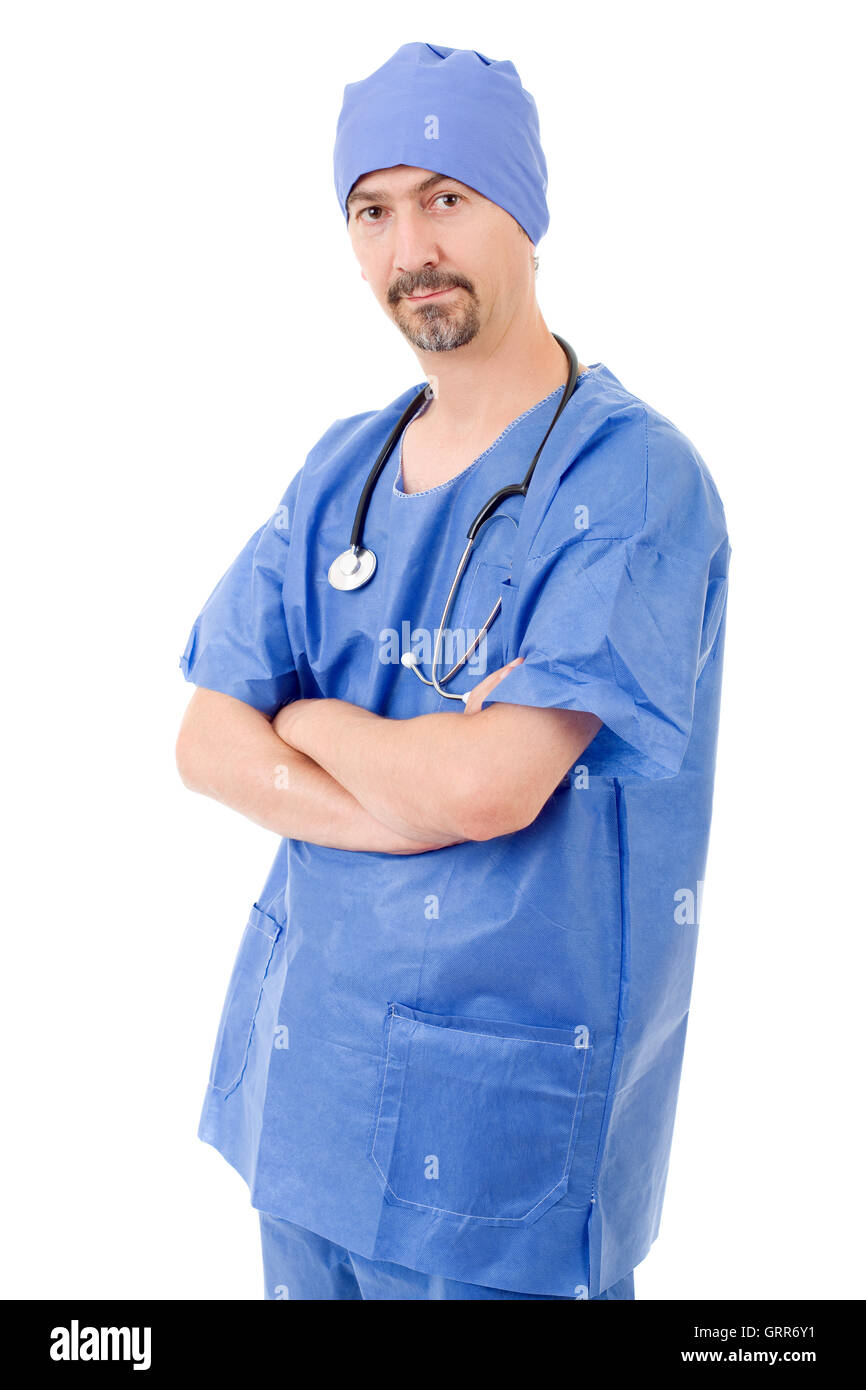 Smiling hospital doctor isolated over white background Stock Photo - Alamy