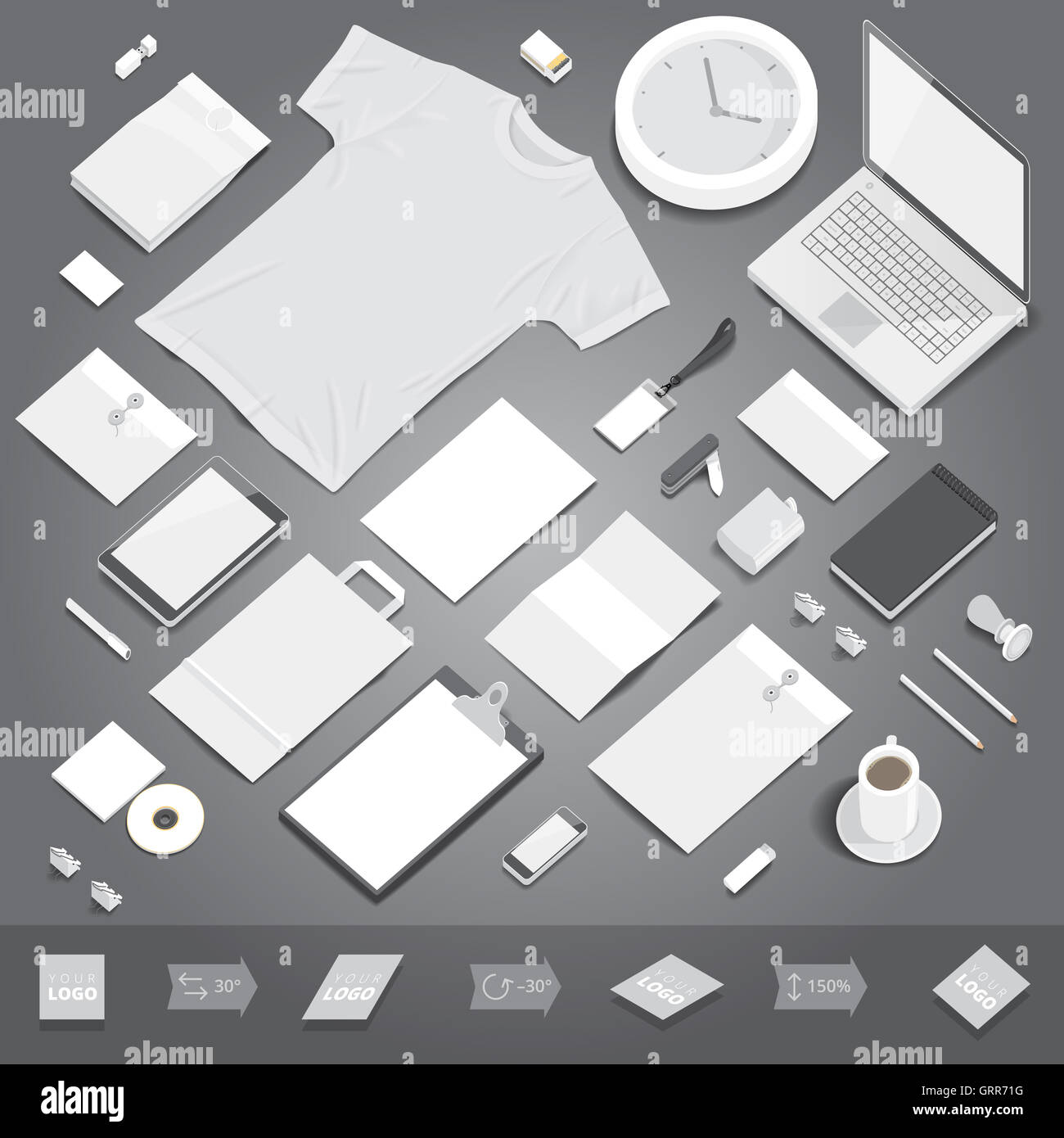 Corporate identity stationery objects mock-up template. Isometric style ...