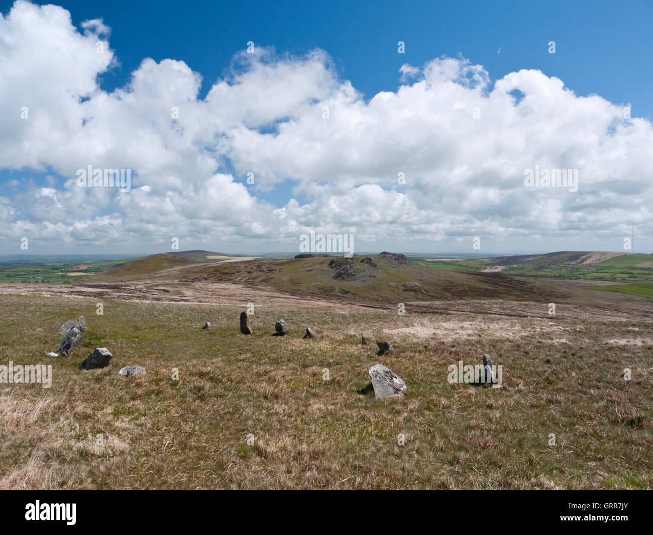 View across the prehistoric stone circle of Beddarthur to Carn Menyn in ...