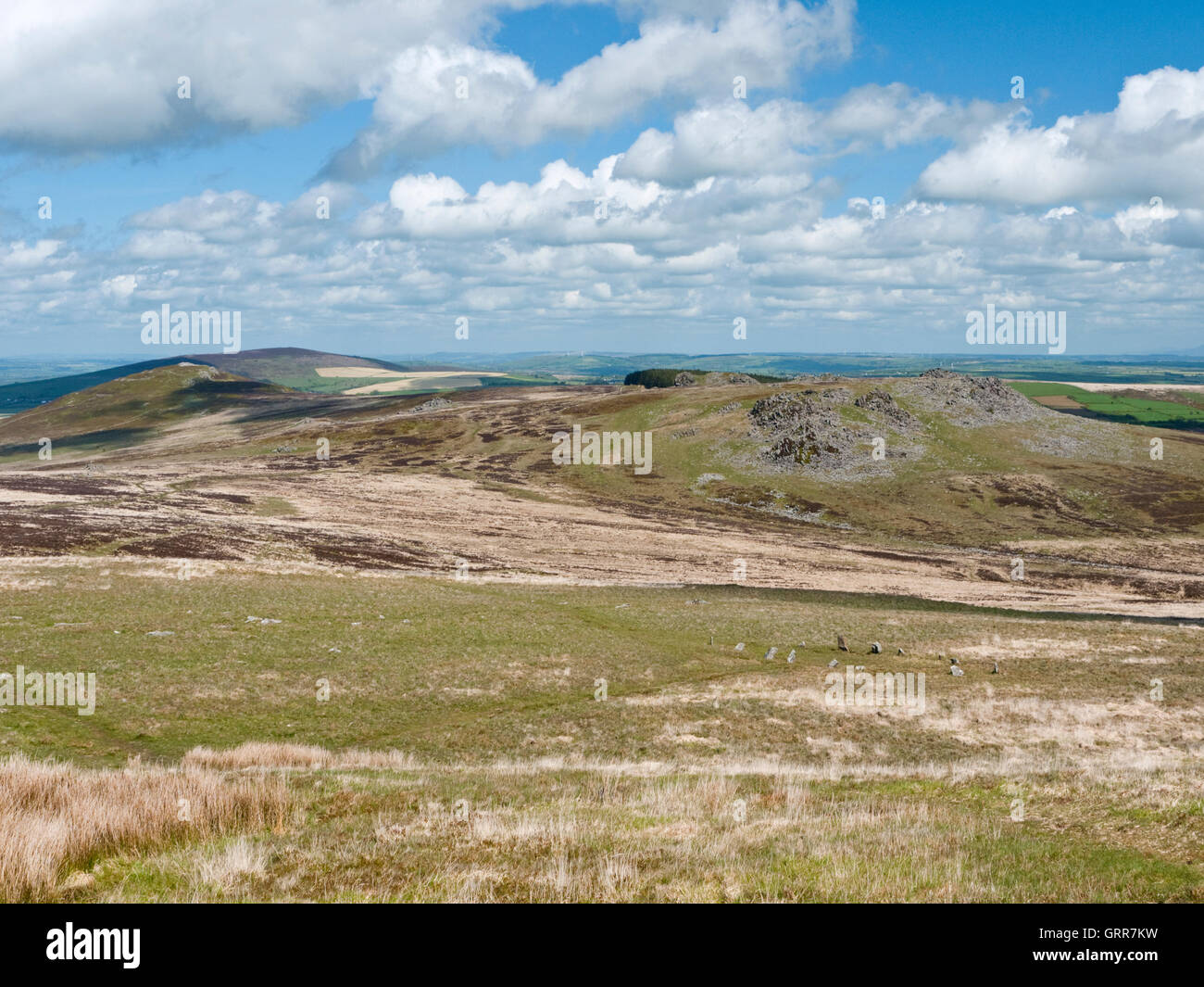 View across the standing stones of Beddarthur to Carn Menyn and ...
