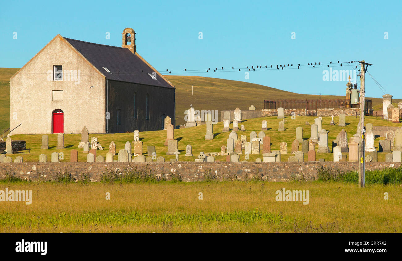 Scottish landscape with church and cemetery in Shetland. Scotland. UK ...