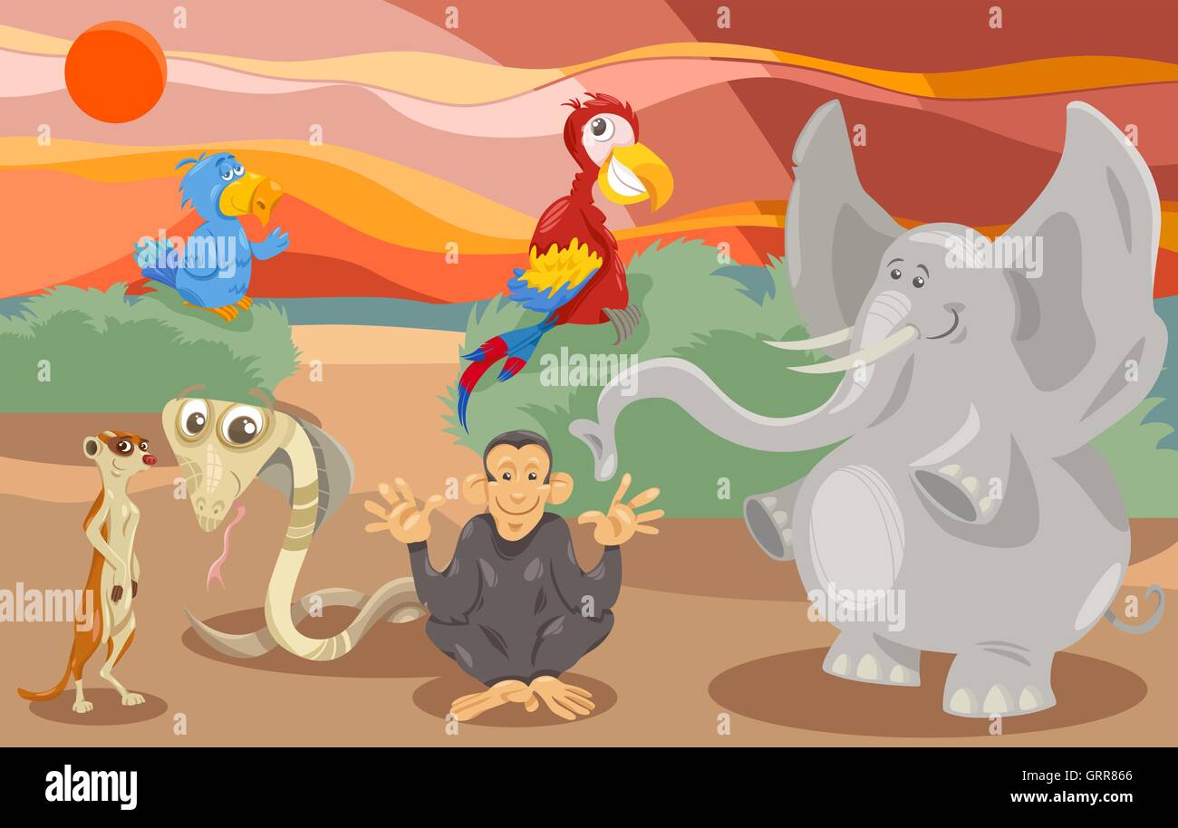 Cartoon Illustration of Scene with Wild Animal Characters Group Stock ...