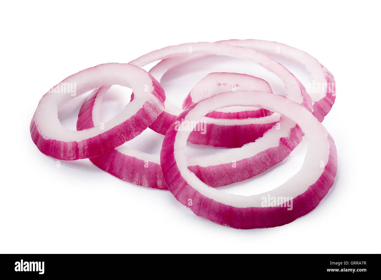 Red or purple onion rings. Round onion slices. Clipping path, shadow ...