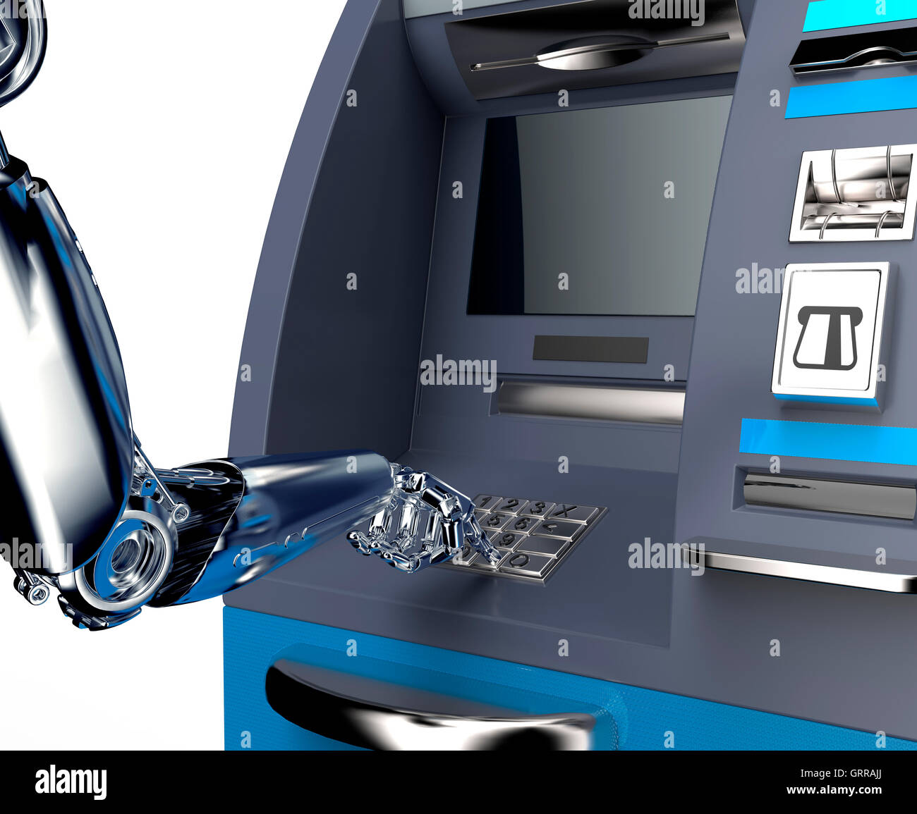 atm cash machine with robot hand isolated on white background, 3d ...