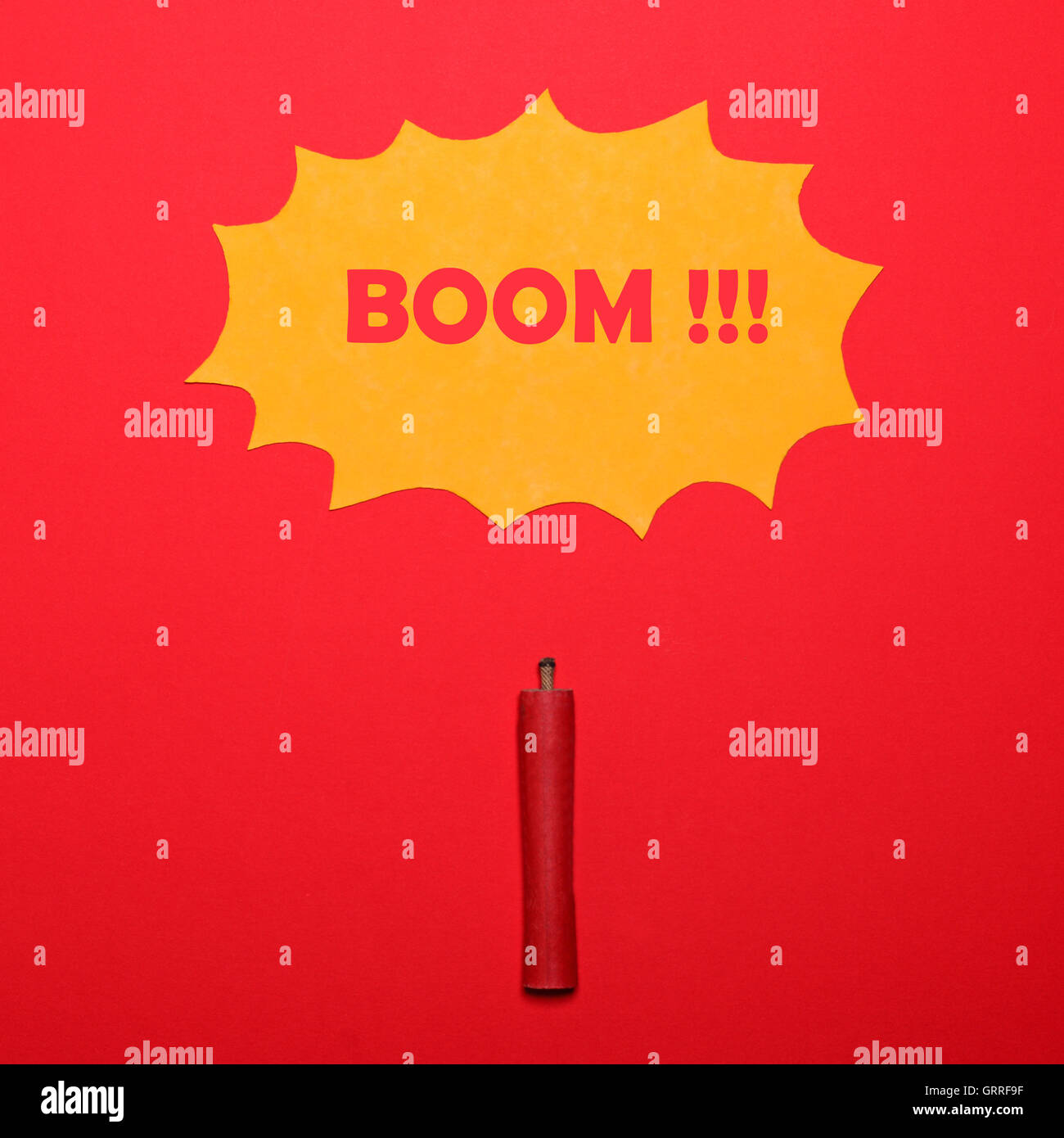 Dynamite stick with "BOOM" sign above on red background - Explosion ...