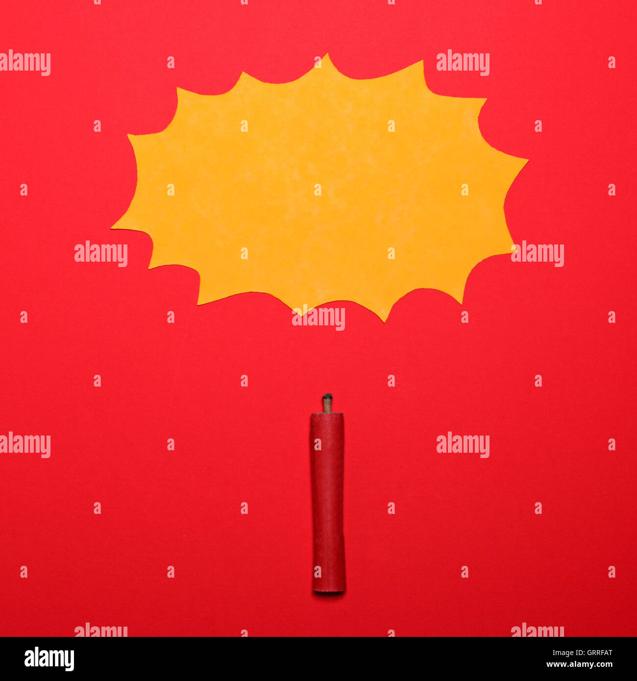 Dynamite stick with empty yellow cloud sign above on red background ...