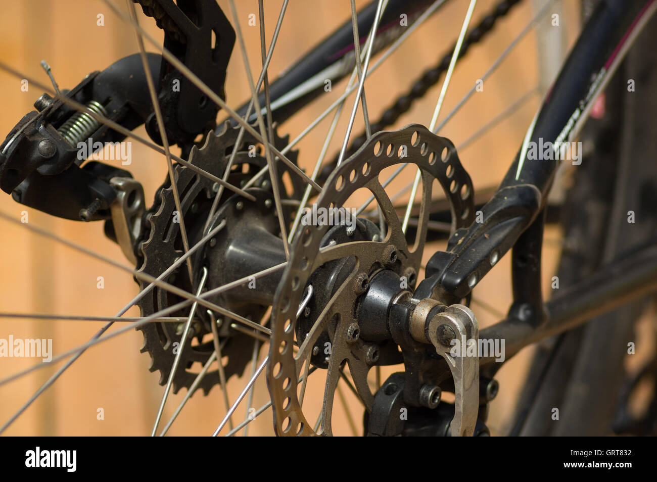 Closeup detailed look at bicycle wheel gear shifting mechanics during ...