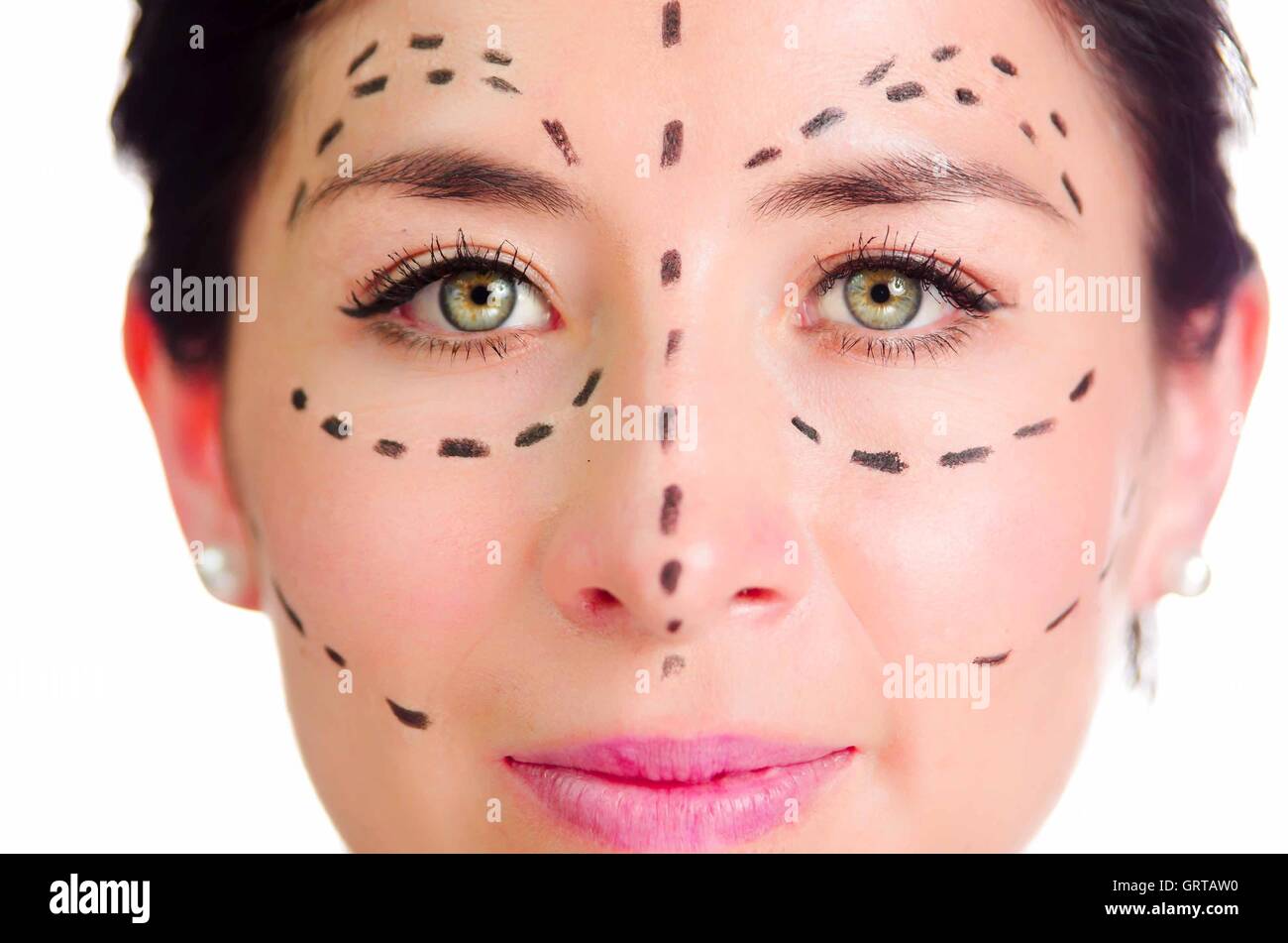 Closeup headshot caucasian woman with dotted lines drawn around face ...