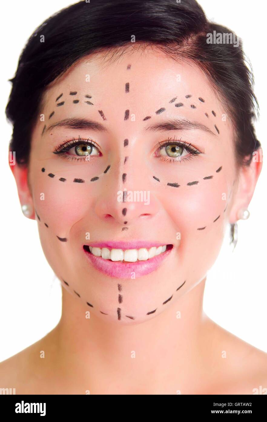 Closeup headshot caucasian woman with dotted lines drawn around face ...