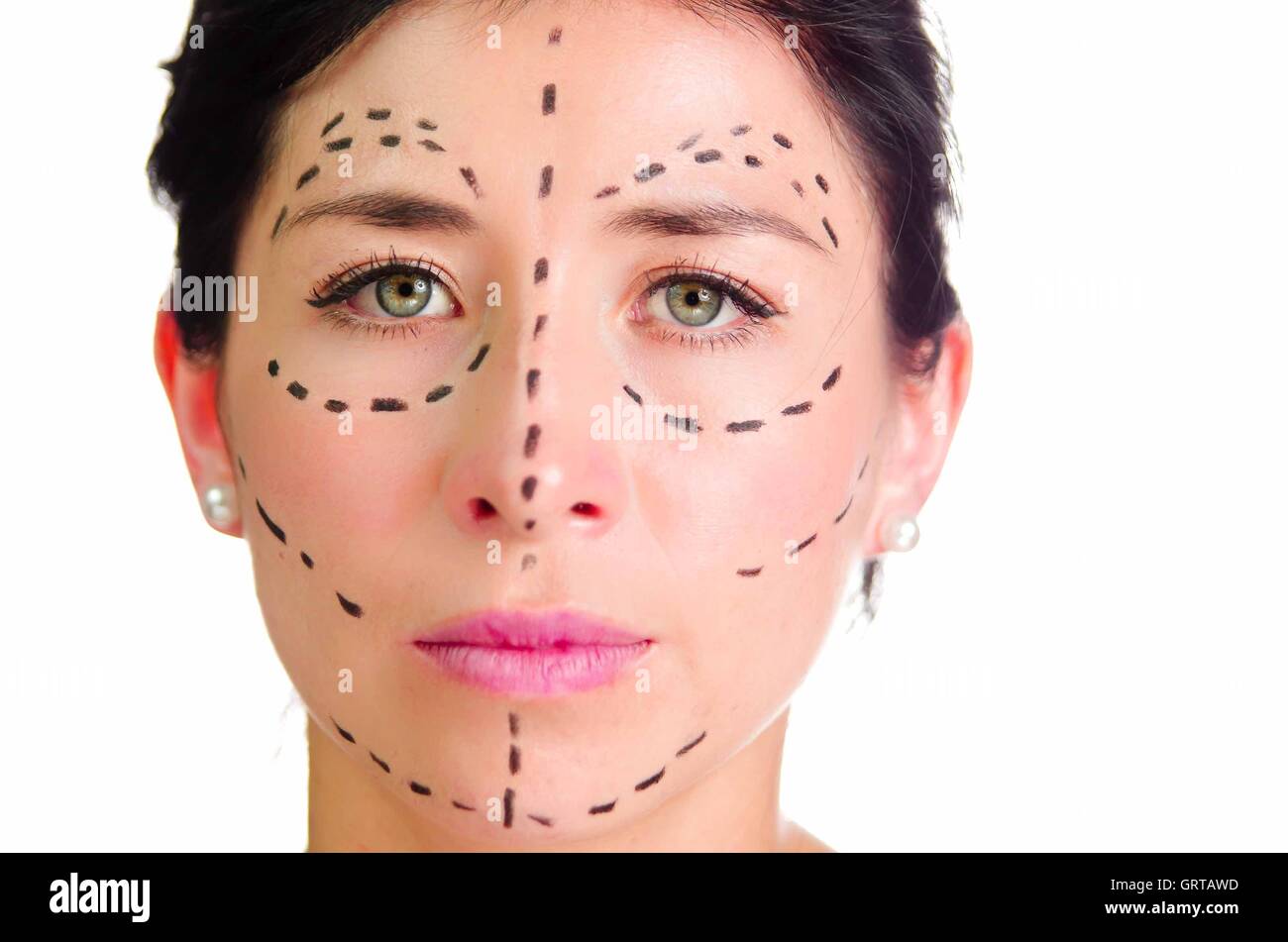 Closeup headshot caucasian woman with dotted lines drawn around face ...