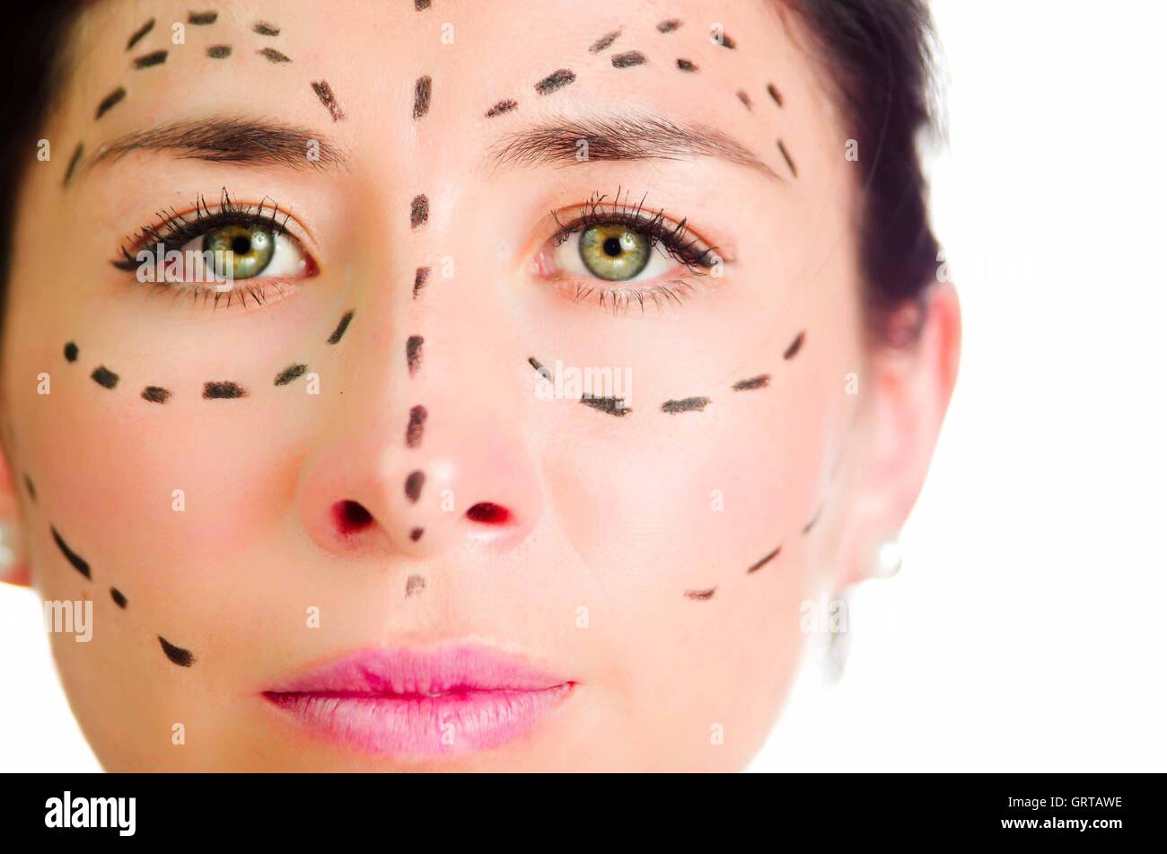 Closeup headshot caucasian woman with dotted lines drawn around face ...