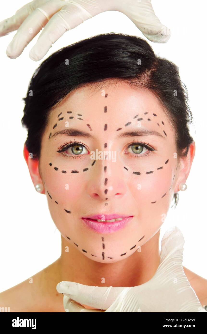 Headshot caucasian woman with dotted lines drawn around face looking ...