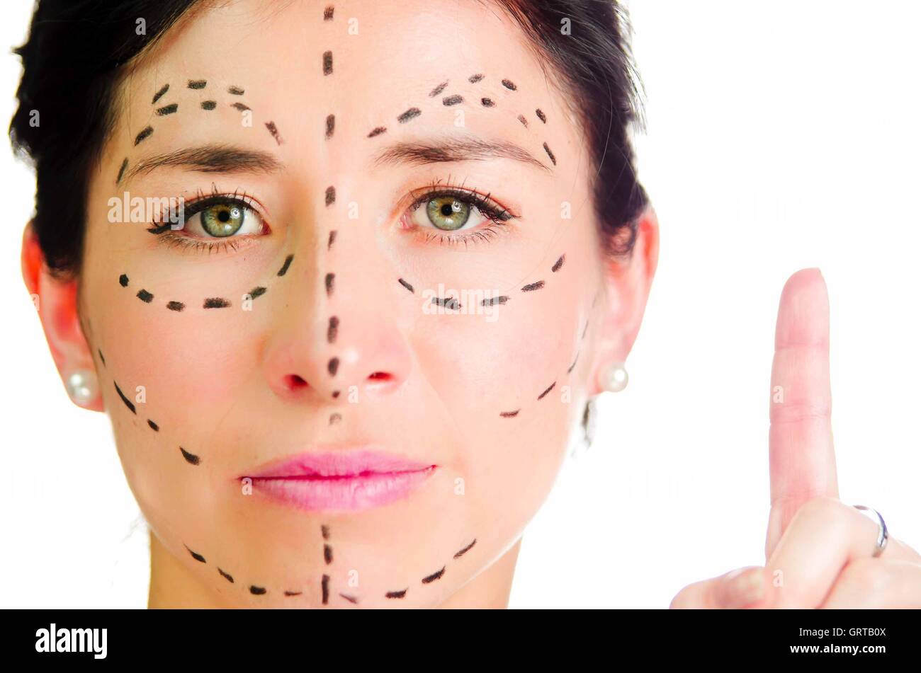 Closeup headshot caucasian woman with dotted lines drawn around face ...