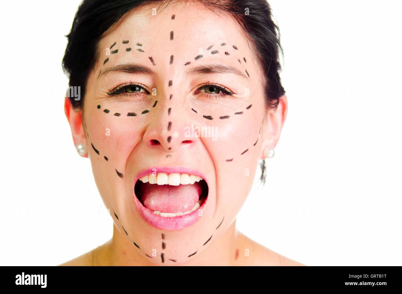 Closeup headshot caucasian woman with dotted lines drawn around face ...