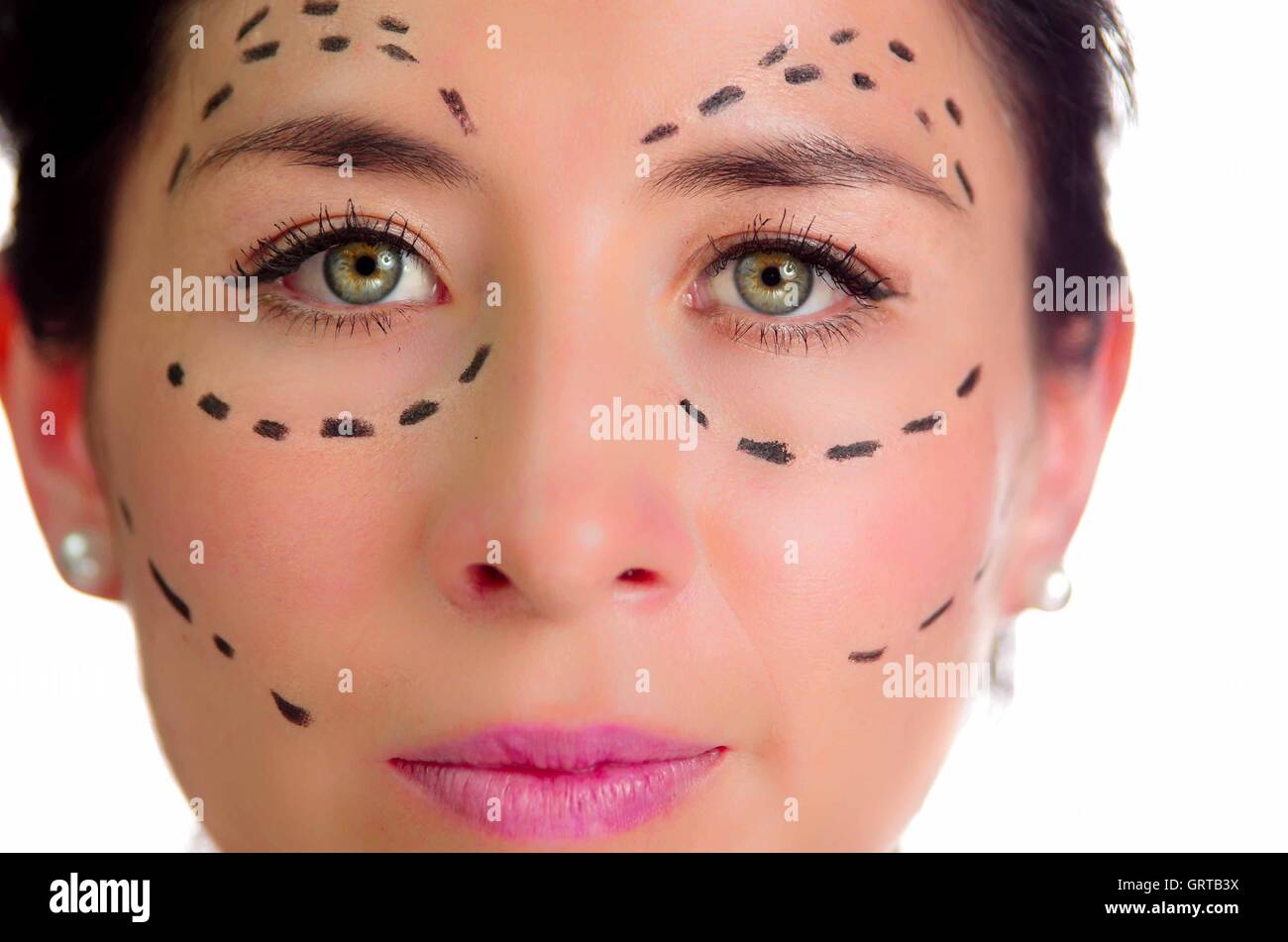Closeup headshot caucasian woman with dotted lines drawn around face ...