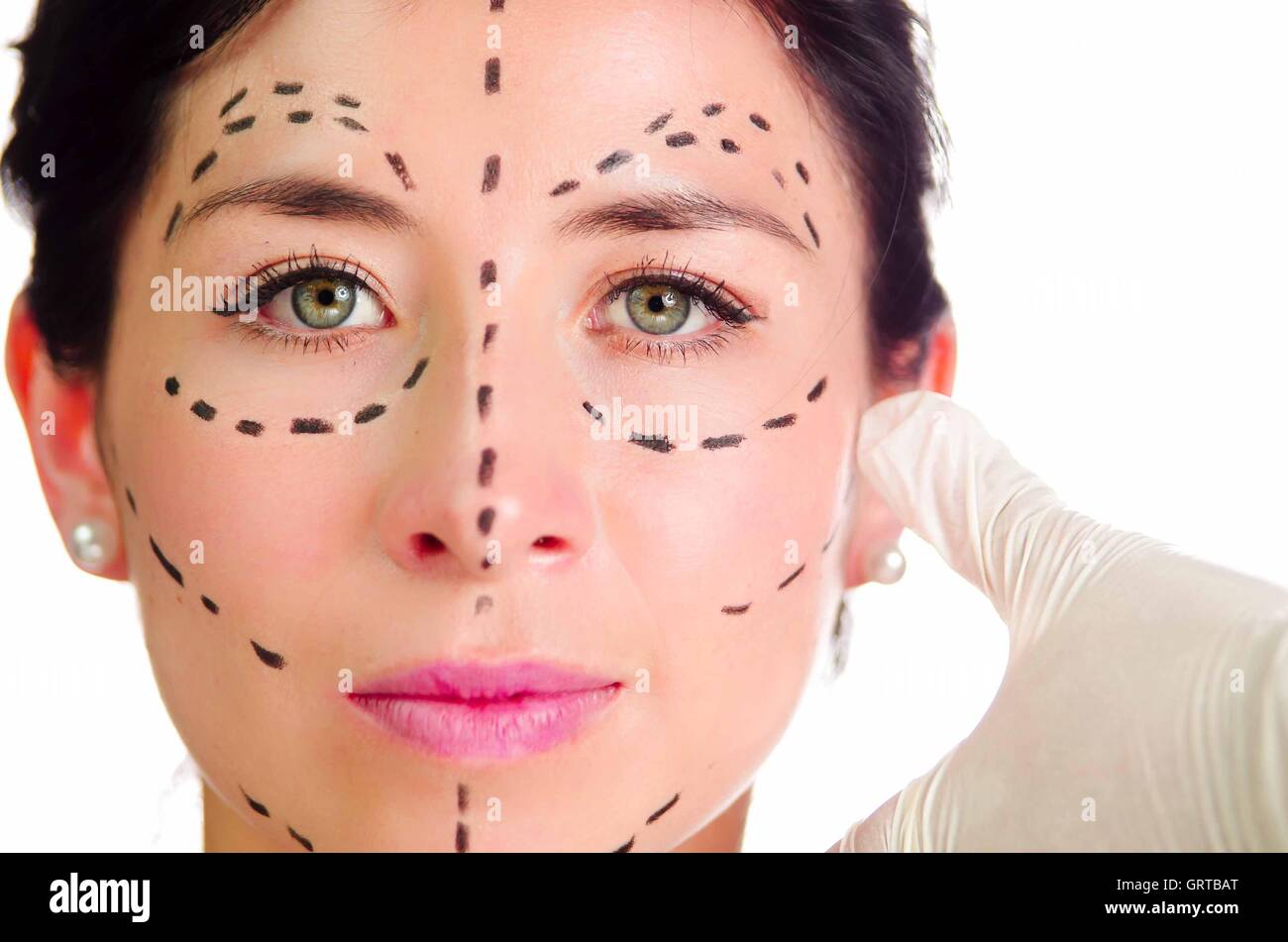 Headshot caucasian woman with dotted lines drawn around face looking ...