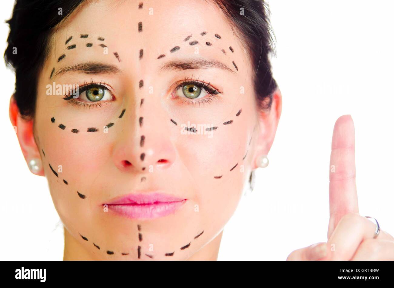 Closeup headshot caucasian woman with dotted lines drawn around face ...