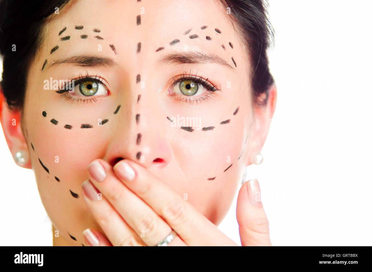 Closeup headshot caucasian woman with dotted lines drawn around face ...