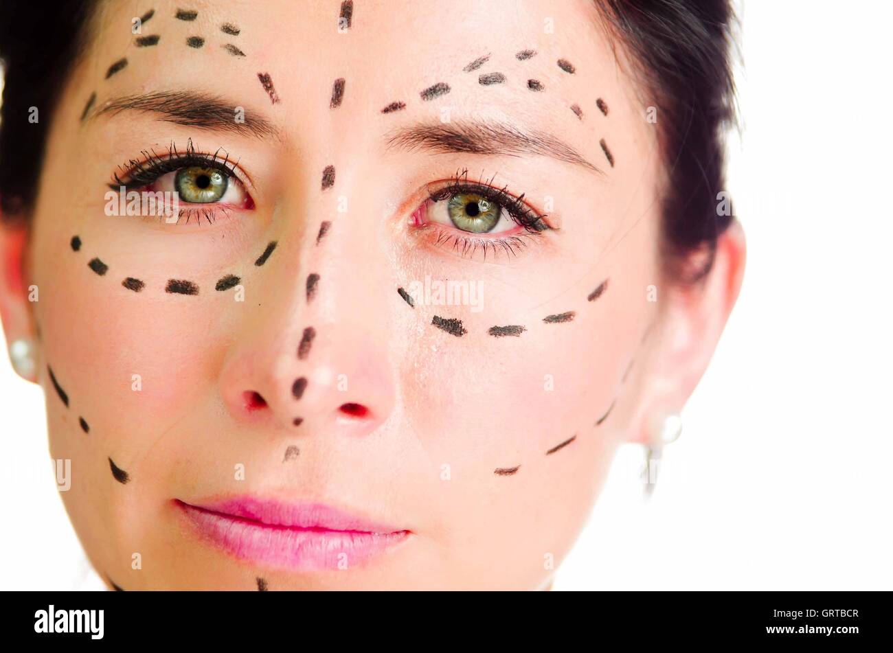 Closeup headshot caucasian woman with dotted lines drawn around face ...