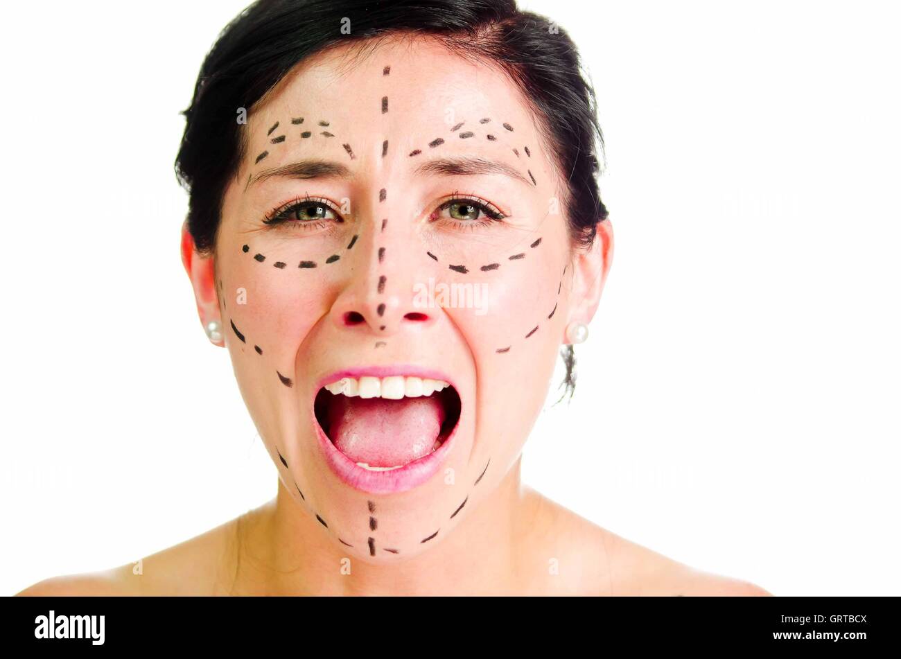 Closeup headshot caucasian woman with dotted lines drawn around face ...