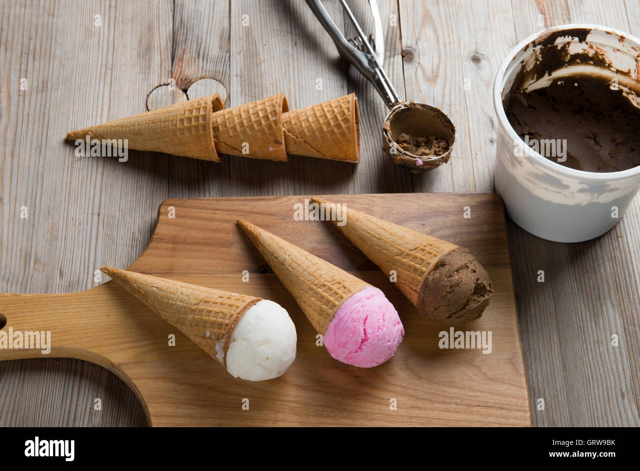 various ice cream with preparation, top down view Stock Photo - Alamy