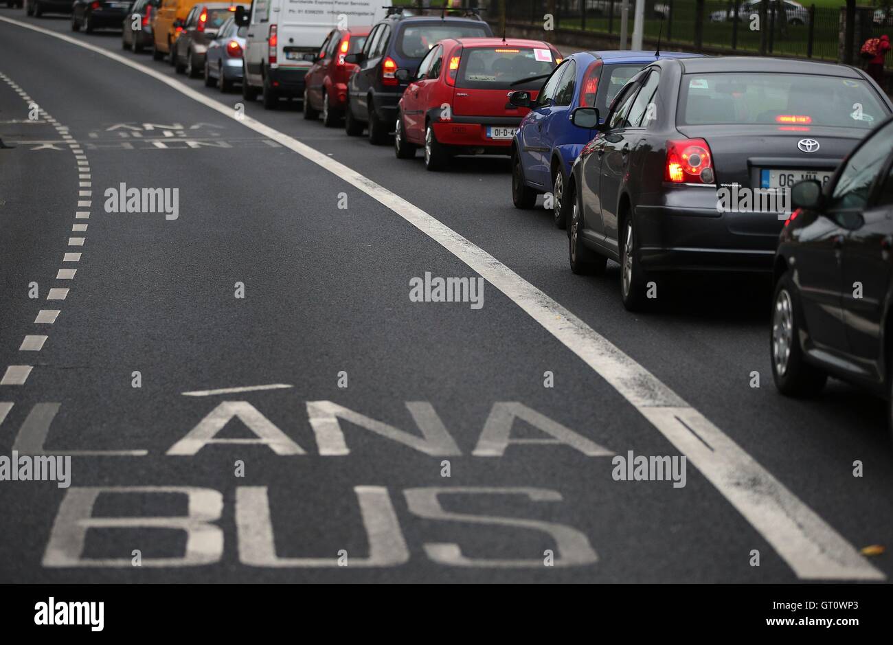 An empty bus lane as heavy traffic builds on the Finglas road in Dublin ...