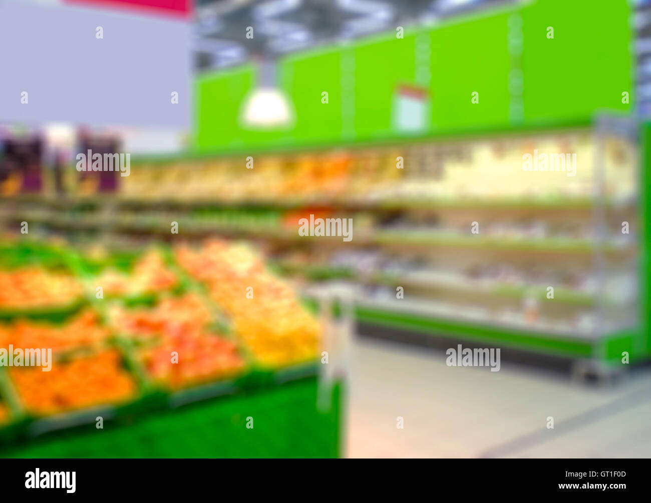 Supermarket blur background with bokeh, fruit and vegetable product ...