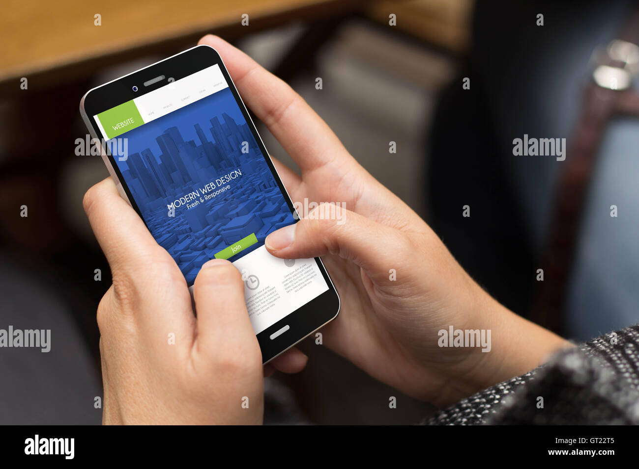 mobile design concept: girl using a digital generated phone with fresh ...