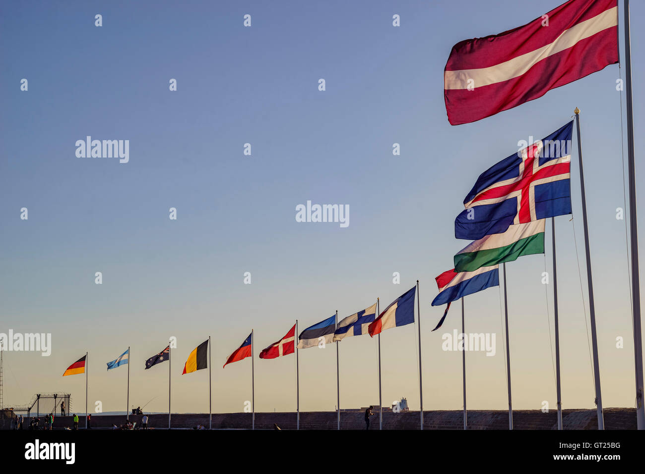 Europe country flags swinging saw at harbour of Helsingborg, Sweden ...