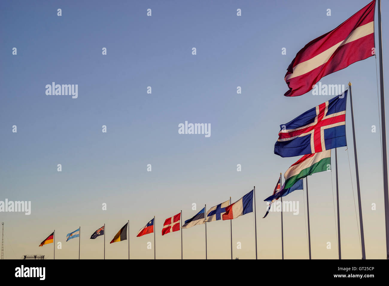 Europe country flags swinging saw at harbour of Helsingborg, Sweden ...