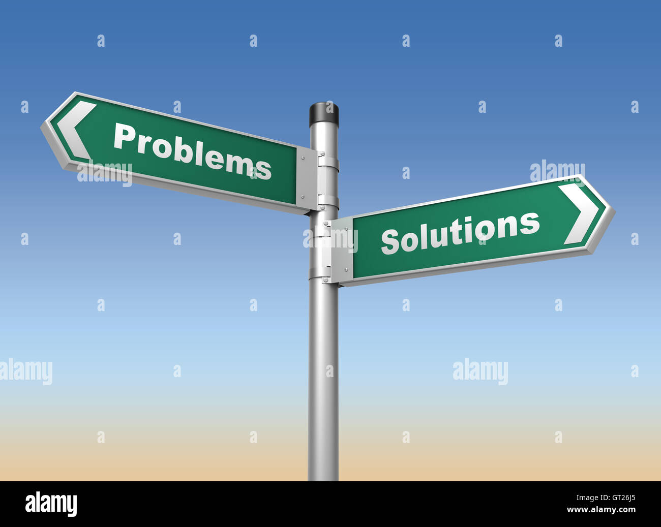 problems solutions road sign 3d illustration Stock Photo - Alamy