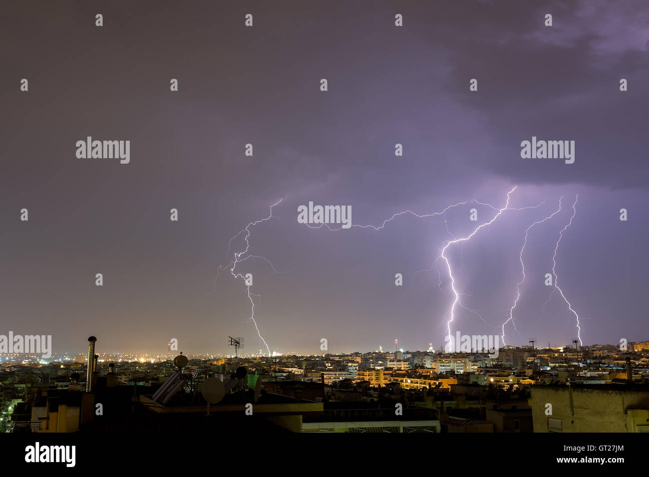 Lightning storm strikes the city of Thessaloniki, Greece Stock Photo ...