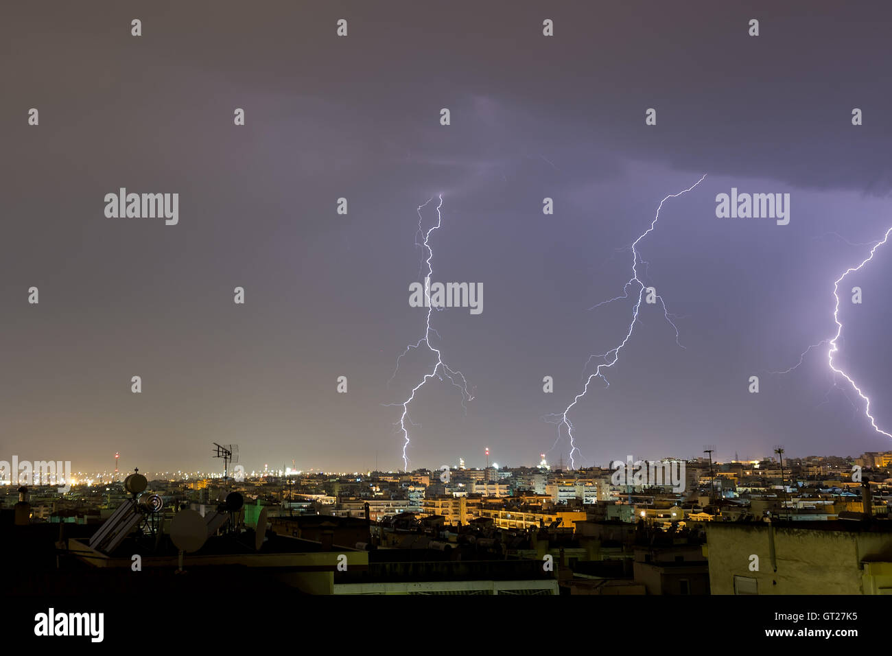 Lightning storm strikes the city of Thessaloniki, Greece Stock Photo ...