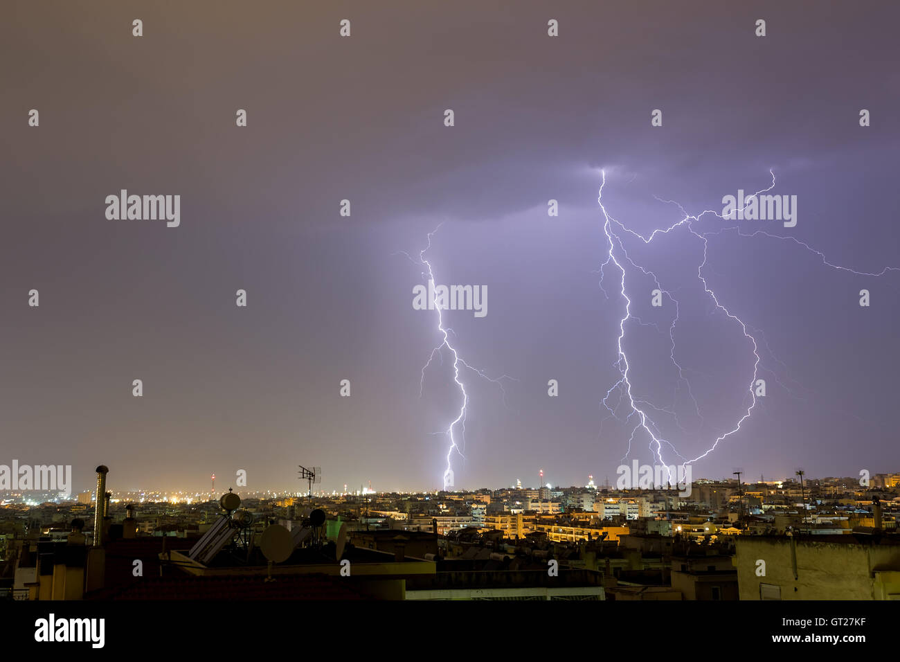 Lightning storm strikes the city of Thessaloniki, Greece Stock Photo ...