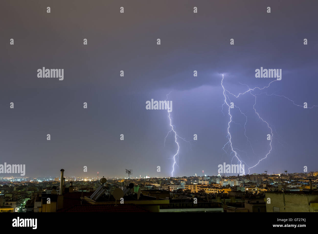 Lightning storm strikes the city of Thessaloniki, Greece Stock Photo ...