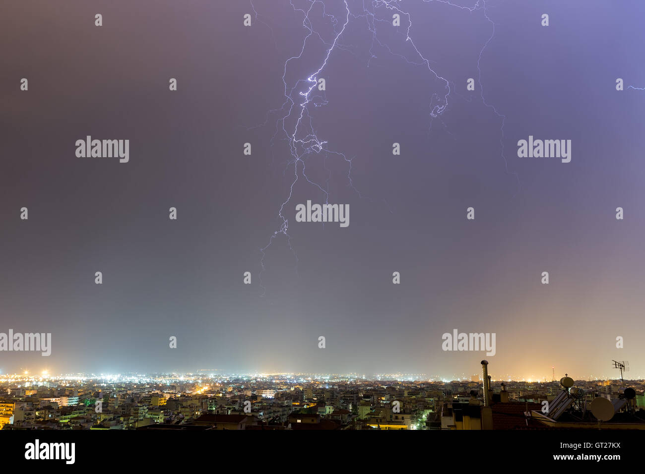 Lightning storm strikes the city of Thessaloniki, Greece Stock Photo ...