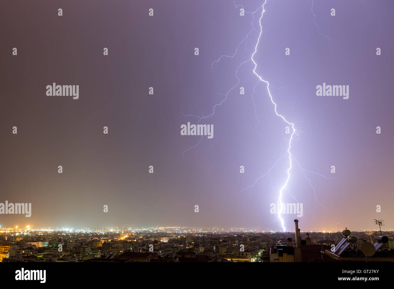 Lightning storm strikes the city of Thessaloniki, Greece Stock Photo ...