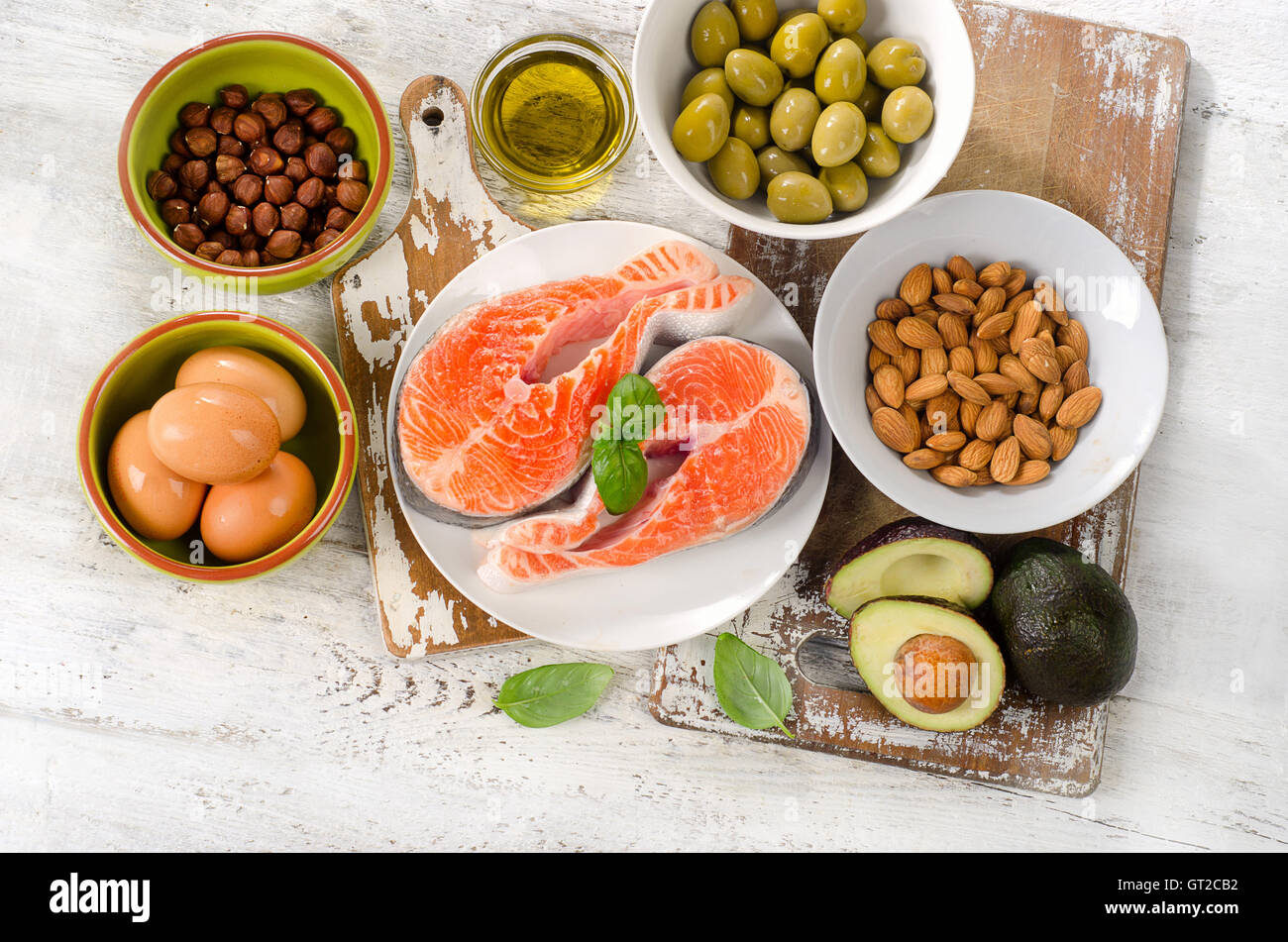 Good fats sources. Healthy eating, dieting. Top view Stock Photo - Alamy