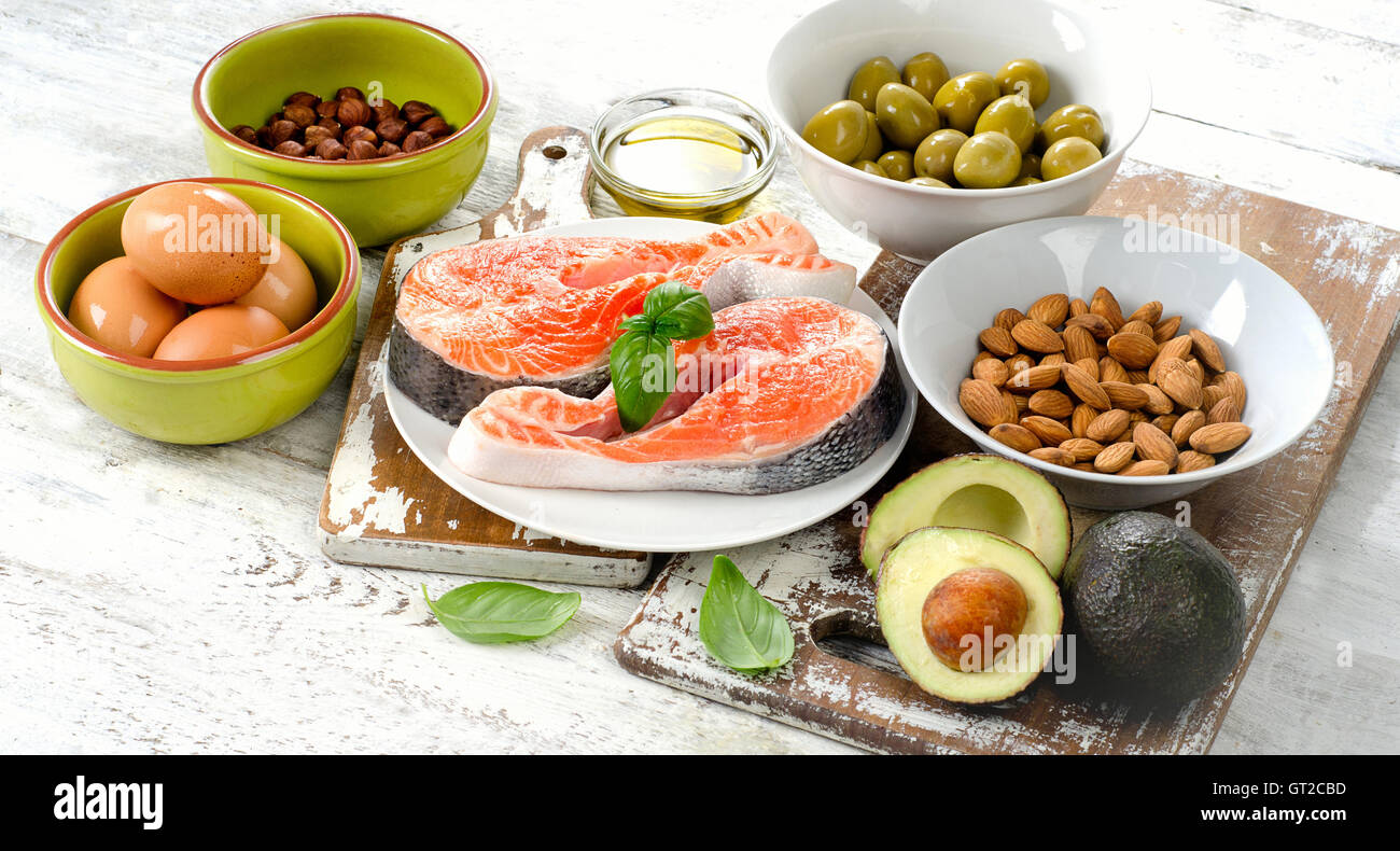 Good fats sources. Healthy diet eating Stock Photo - Alamy