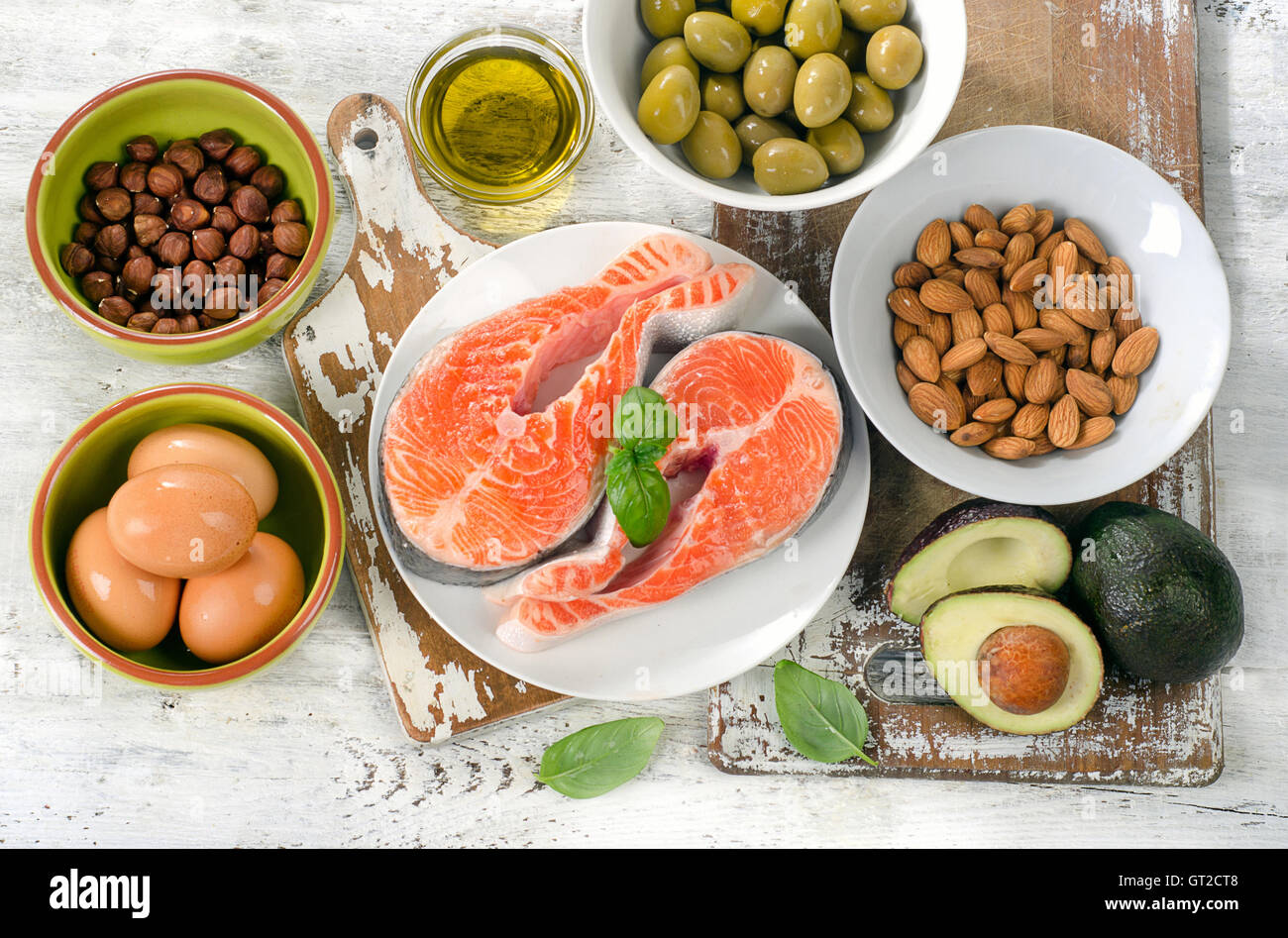 Good fat sources. Healthy eating, dieting. Top view Stock Photo - Alamy