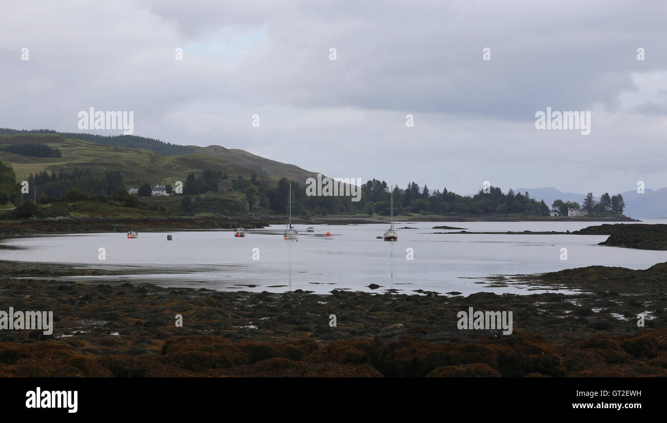 Yachts and Aros castle near Salen Isle of Mull Scotland September 2016 ...