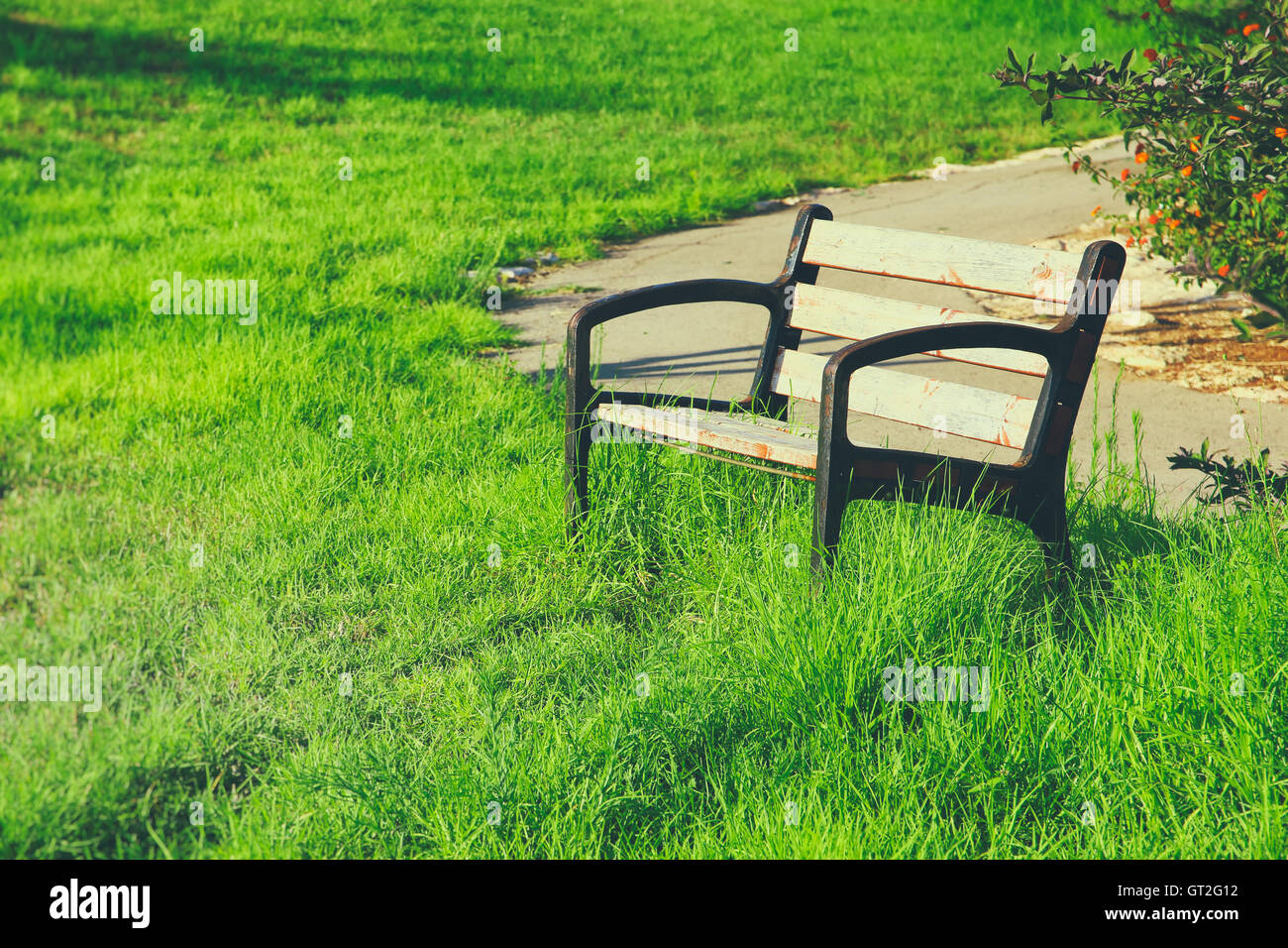 Old lonely bench at the quiet park Stock Photo - Alamy