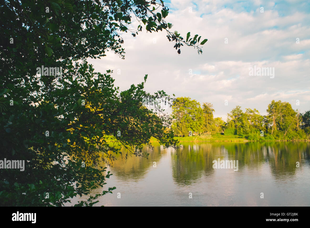 Quiet river trees and clouds Stock Photo - Alamy