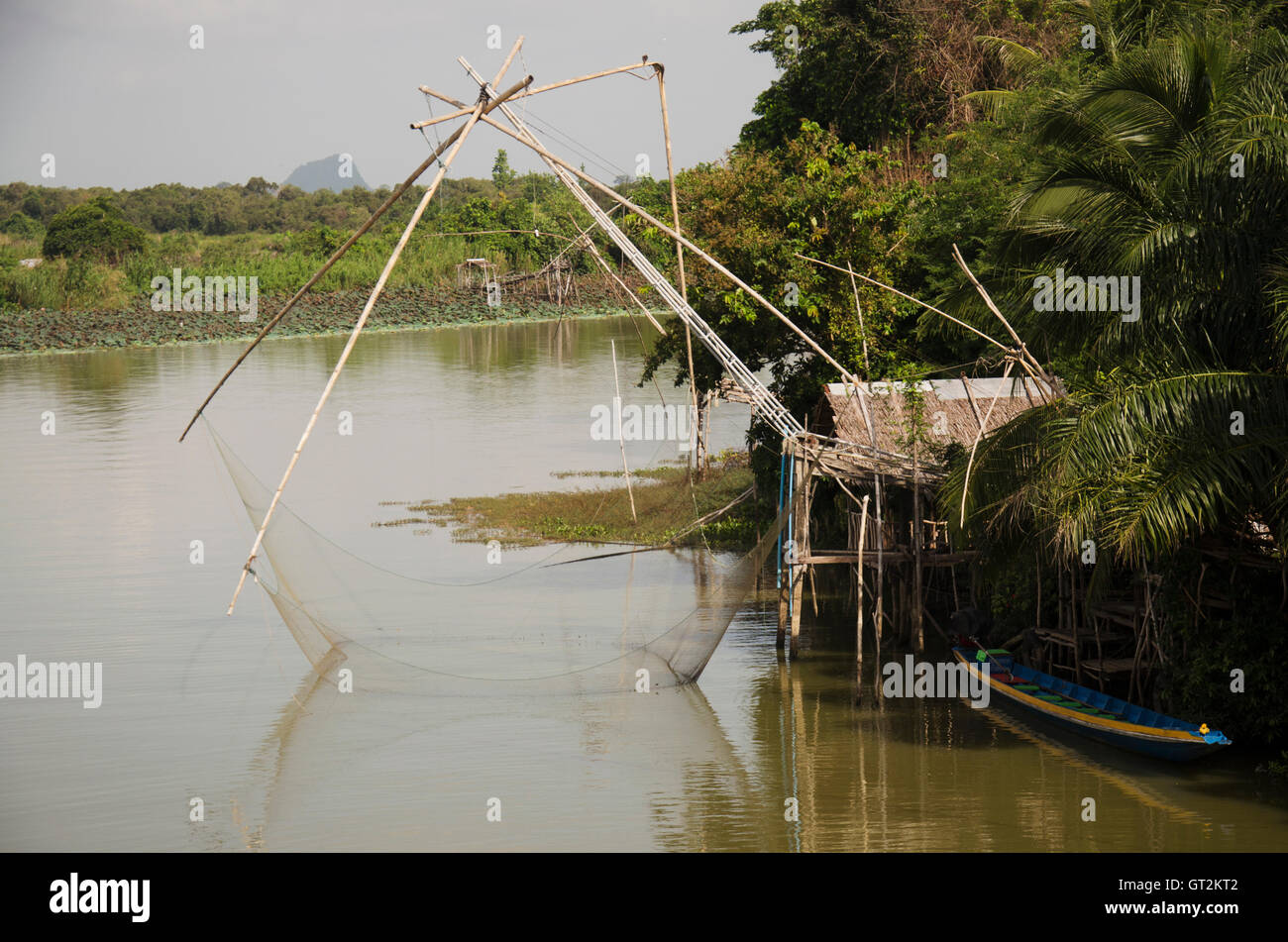 View landscape of fishing lift and dip net machine in canal at Ban Pak ...